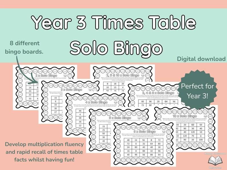 Year 3 Times Tables Bingo | KS2 Maths Activity | 8 Printable Solo Bingo ...