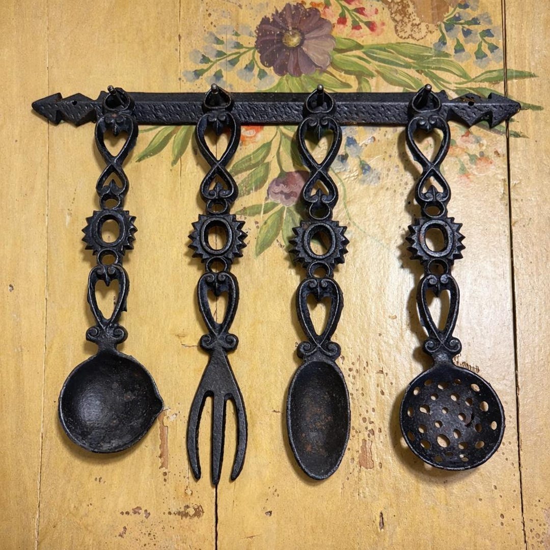 Antique Cast Iron Heart Motif Hanging Utensil Set | Wall-mounted ...