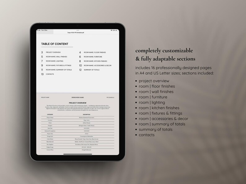 Interior Design FF&E Schedule Template | Editable Specification Sheets ...