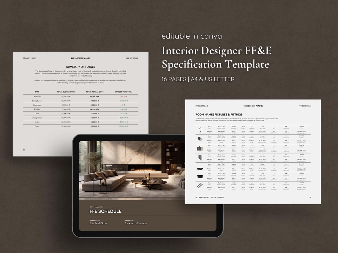 Interior Design FF&E Schedule Template | Editable Specification Sheets ...