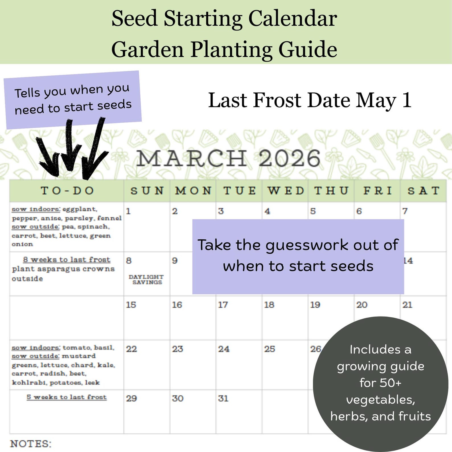 Vegetable Seed Starting Calendar | May 1 Last Frost Date (printable ...