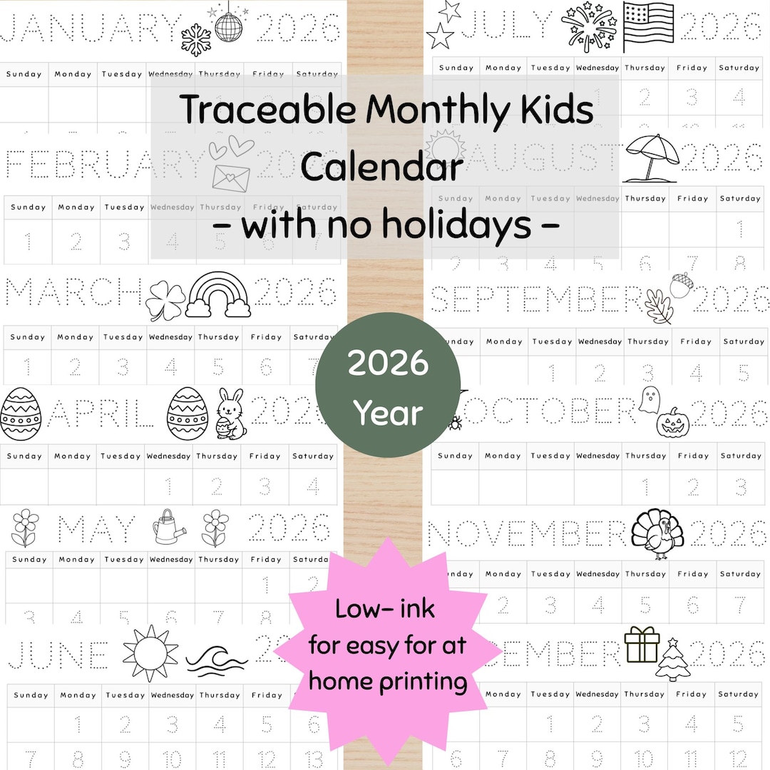 Traceable Monthly Kids Calendar 2026 - Preschool & Kindergarten ...