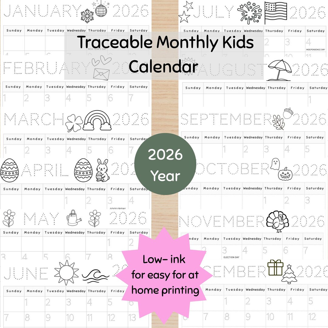 Traceable Monthly Kids Calendar 2026 - Preschool & Kindergarten ...