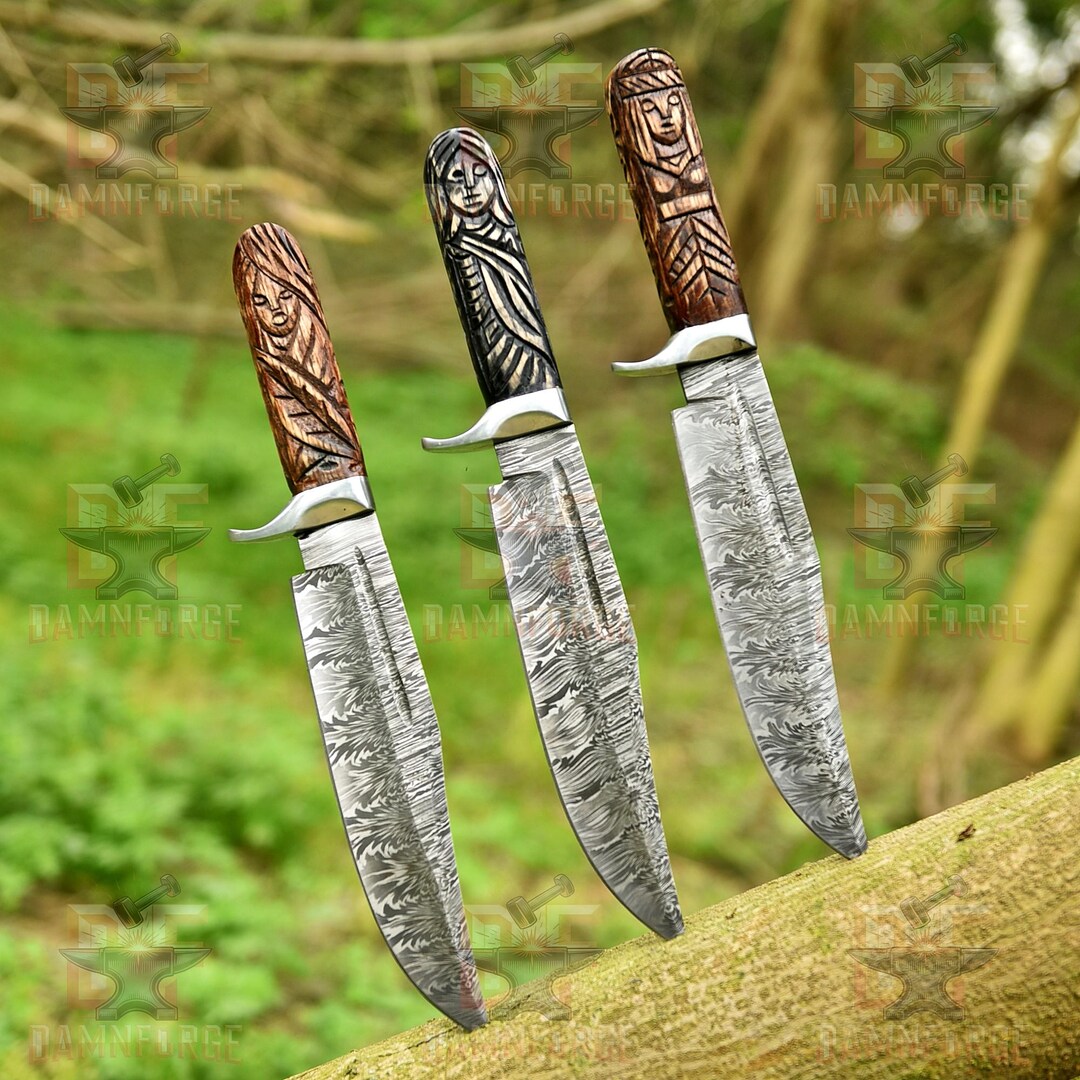 Hand-carved Damascus Bowie Knives – Norse Mythology Decor, Wooden ...
