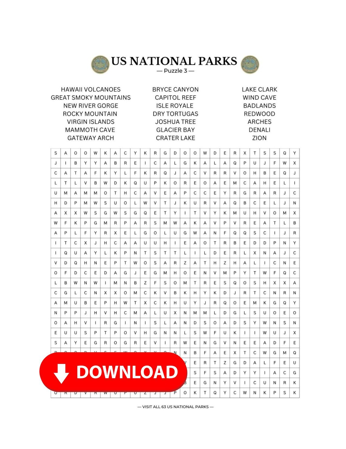 National Park Word Search Bundle, 3 Printable Travel Games, Road Trip ...
