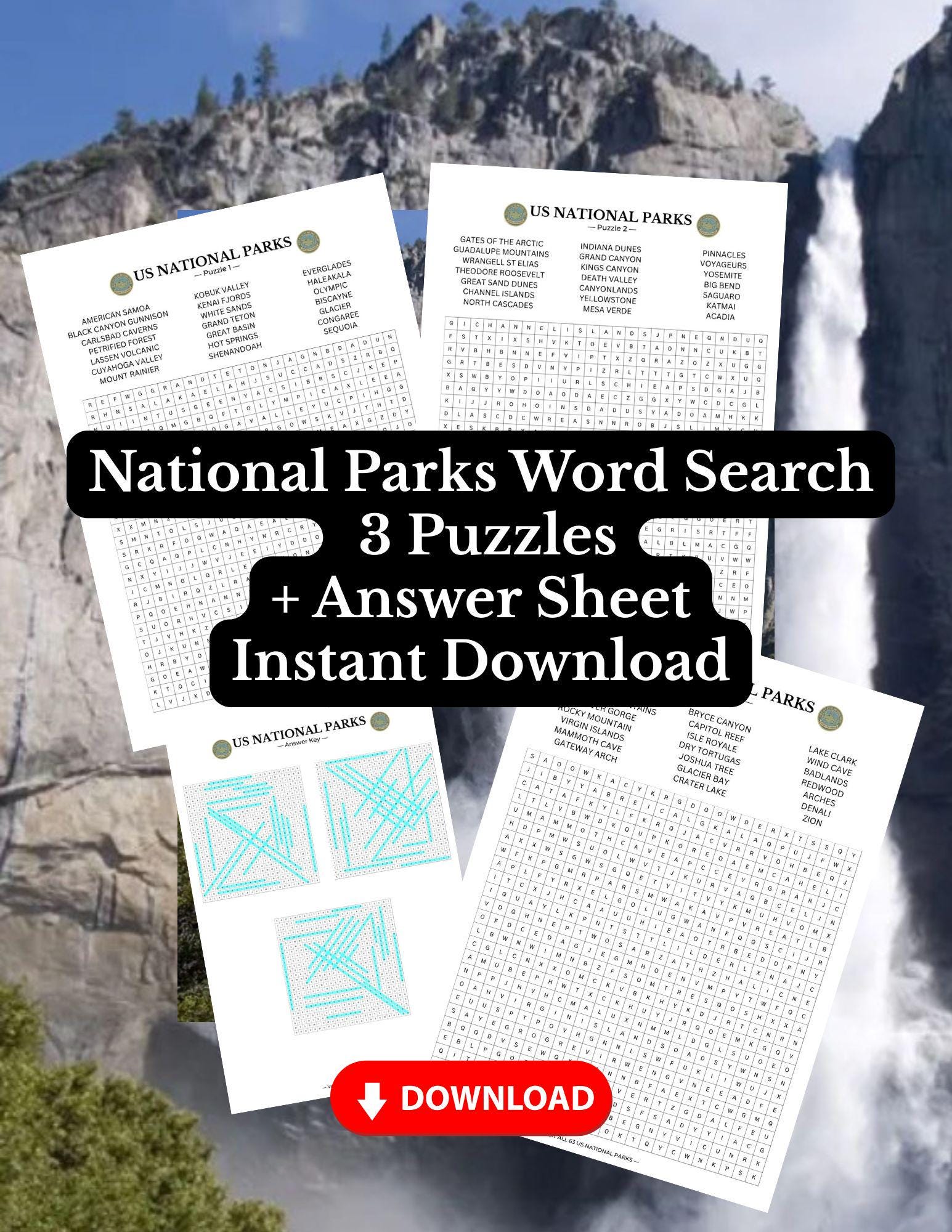 National Park Word Search Bundle, 3 Printable Travel Games, Road Trip ...