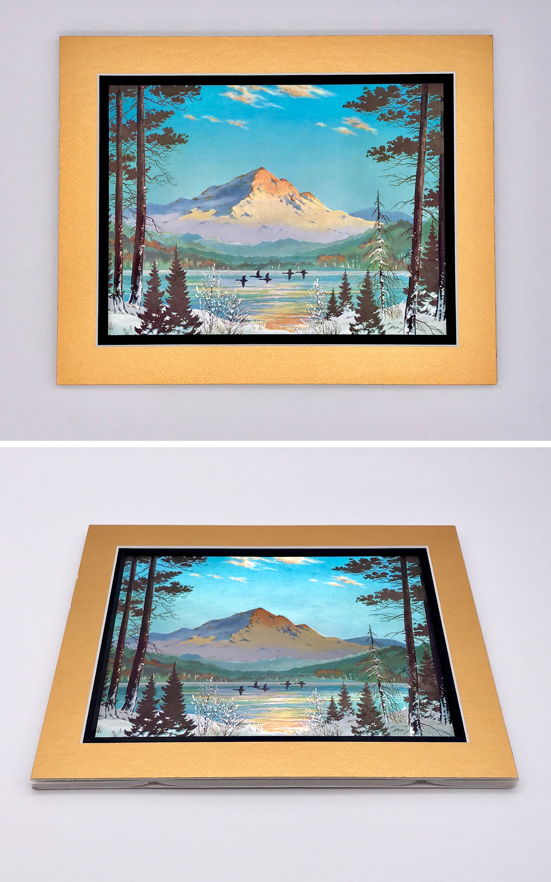 Vintage Snow Mountain Forest Northwest Landscape Foil Etching Art Print ...