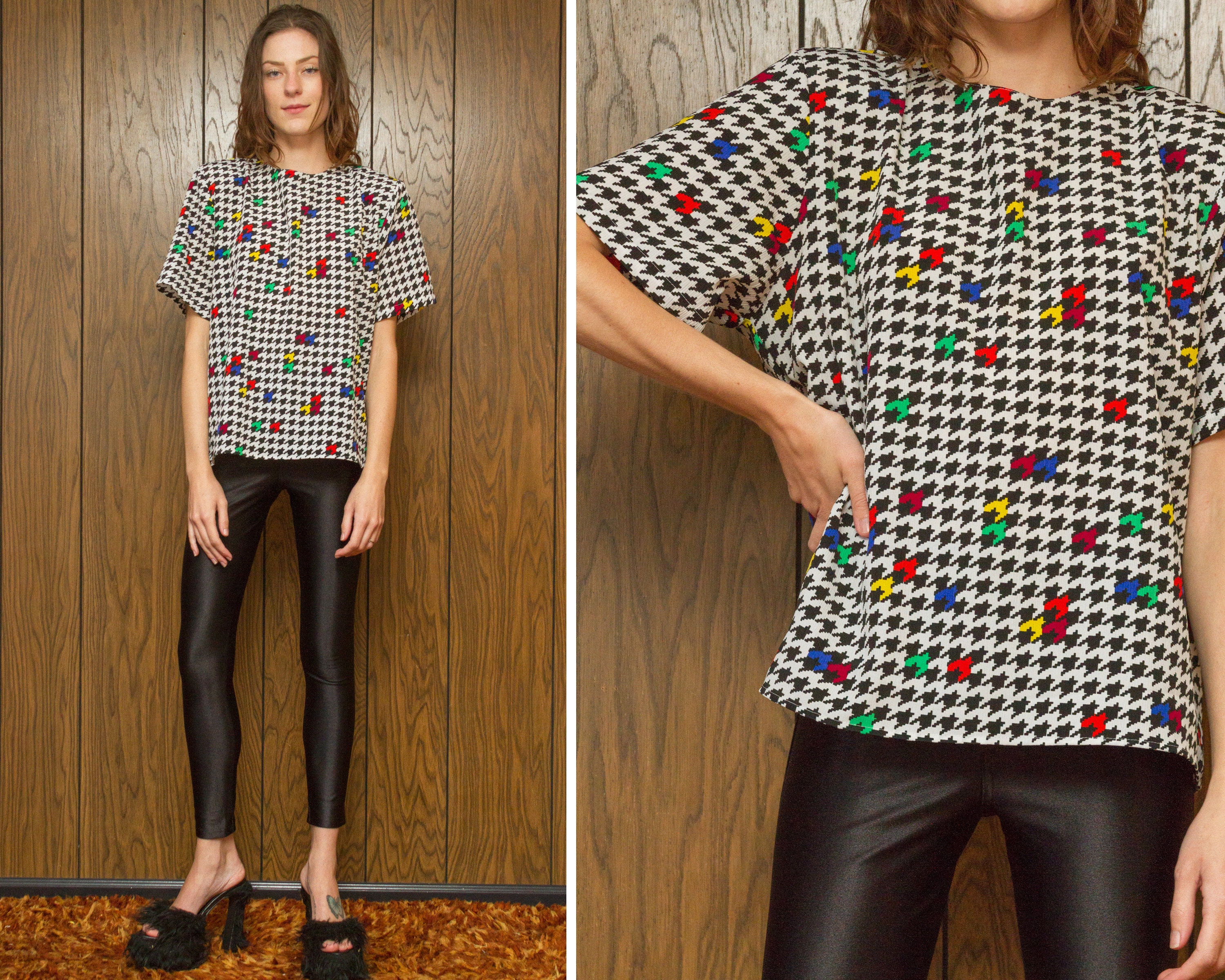 Vintage 80s 90s Primary Color Block Houndstooth Rainbow Black White ...