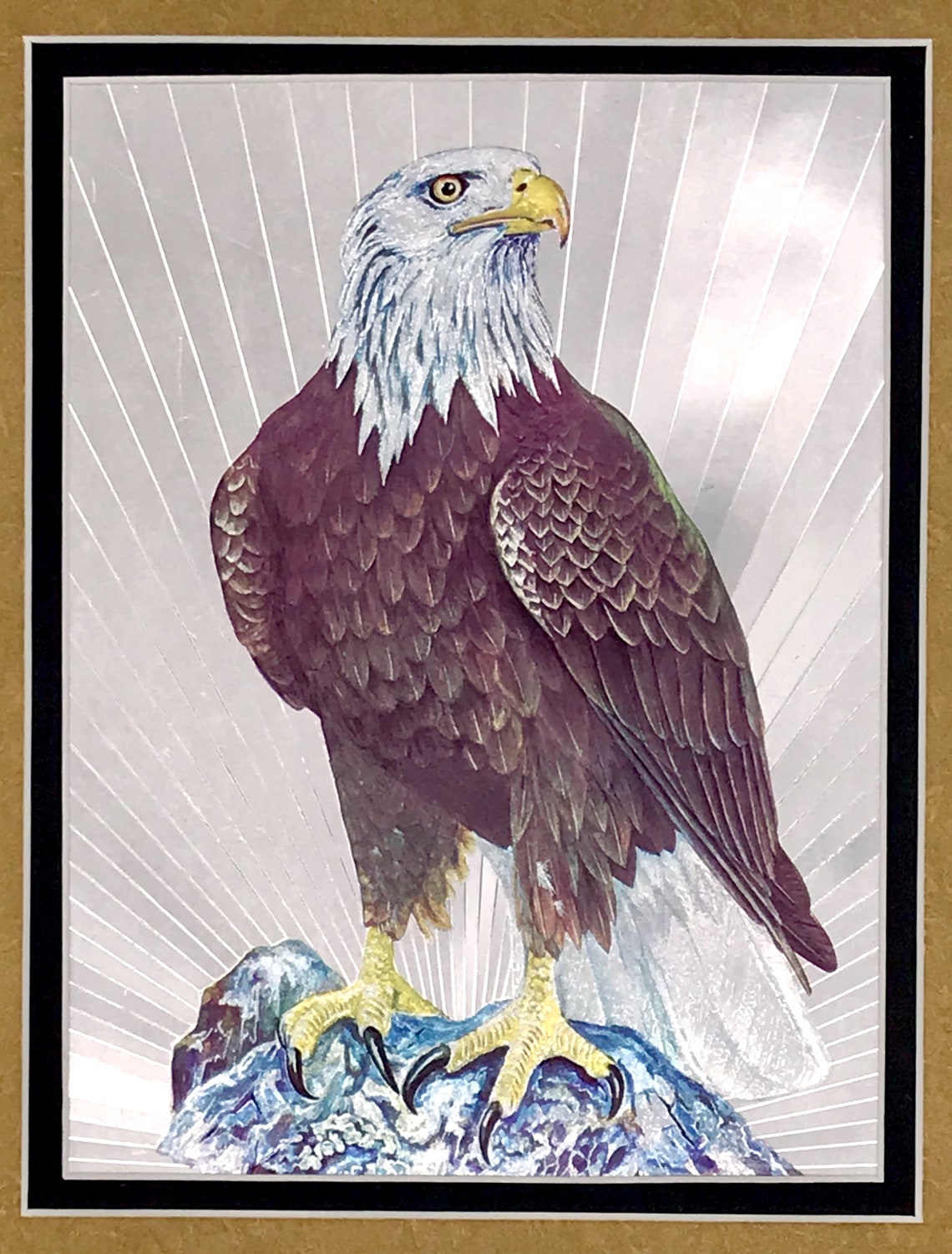 Vintage Perched Bald Eagle Bird Foil Etching Art Print Shiny | Etsy