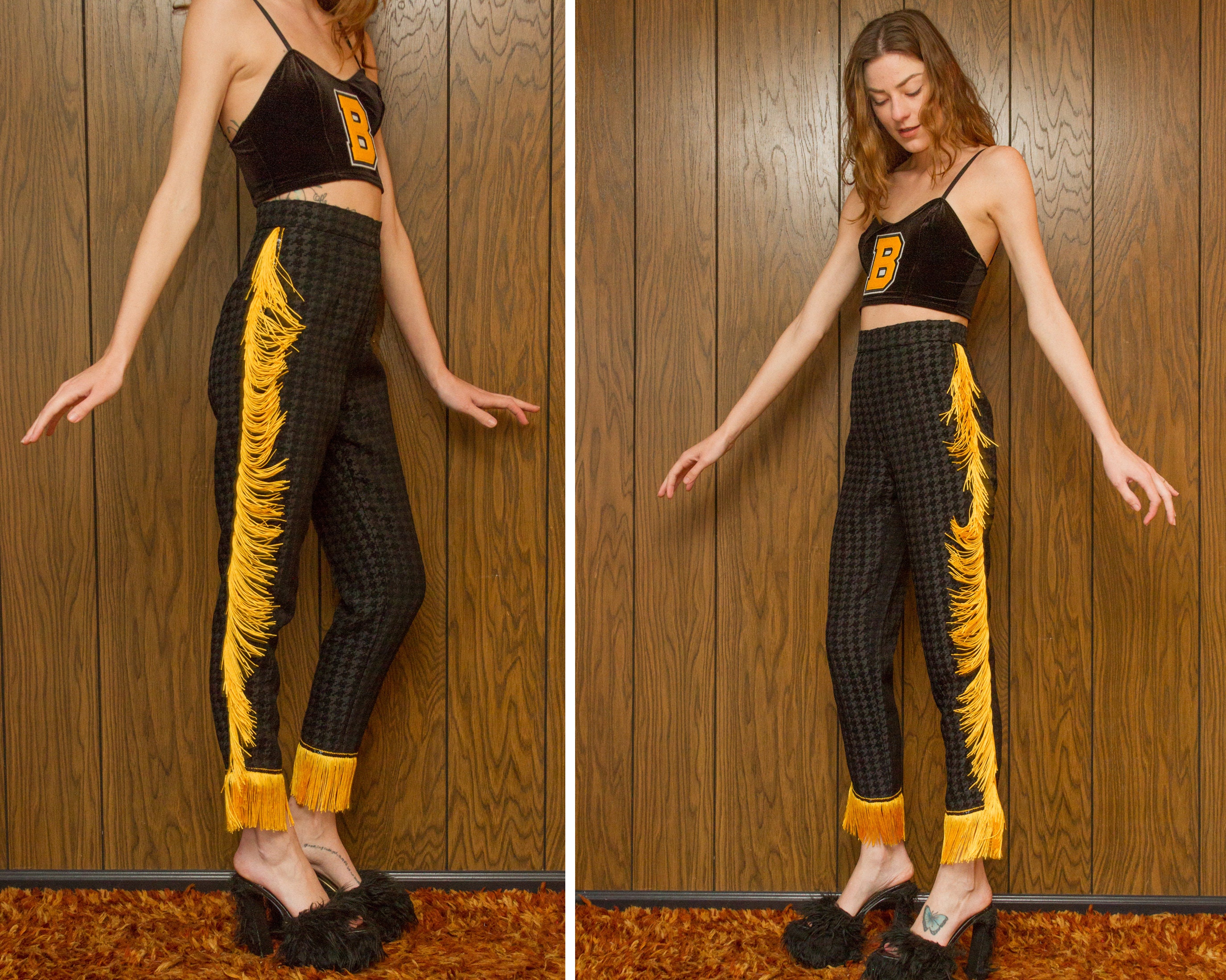 Sexy Bus Driver Black Sequined Houndstooth Gold Yellow Fringe Letterman ...