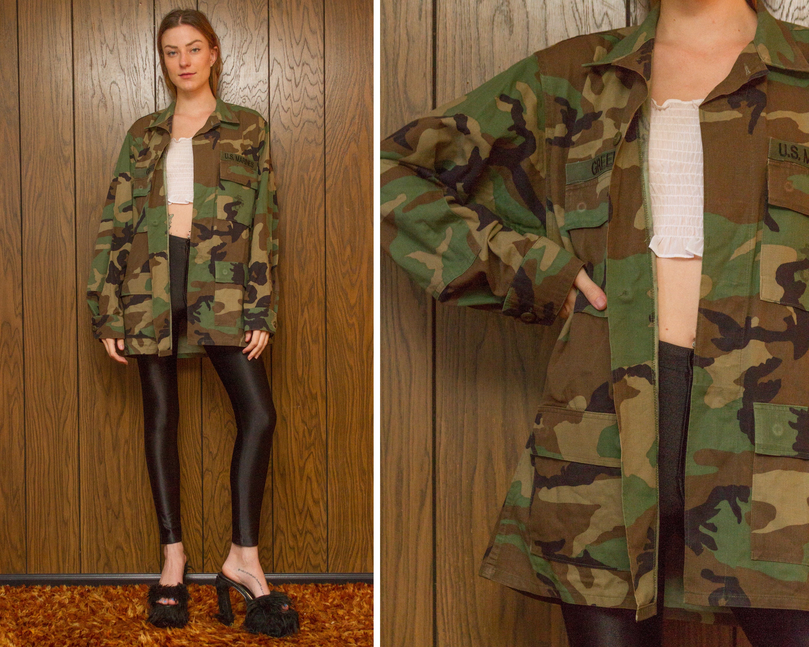 Vintage 90s Green Distressed Marines Military Camo Camoflauge Woodland ...