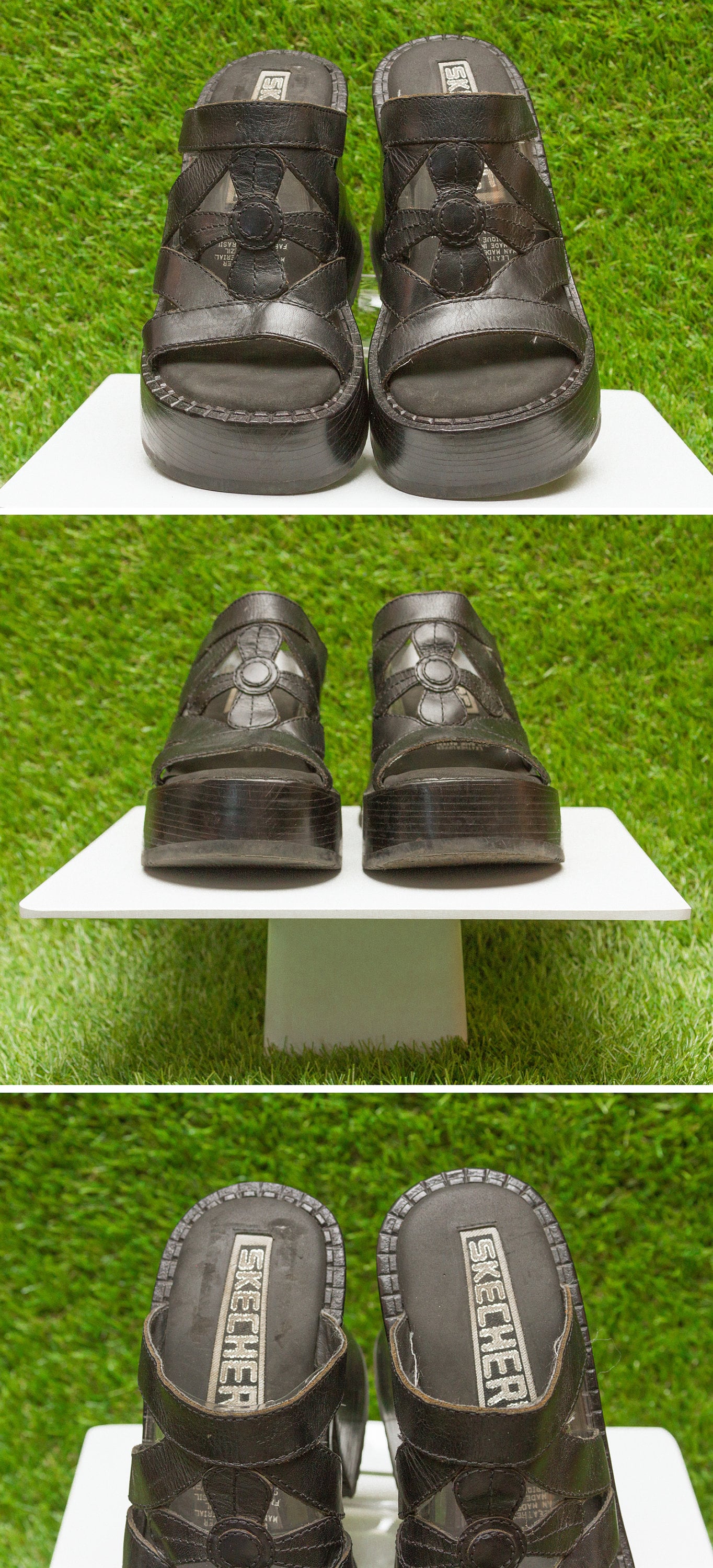 Vintage 90s Sketchers Black Leather Chunky Club Kid Flower Strappy ...