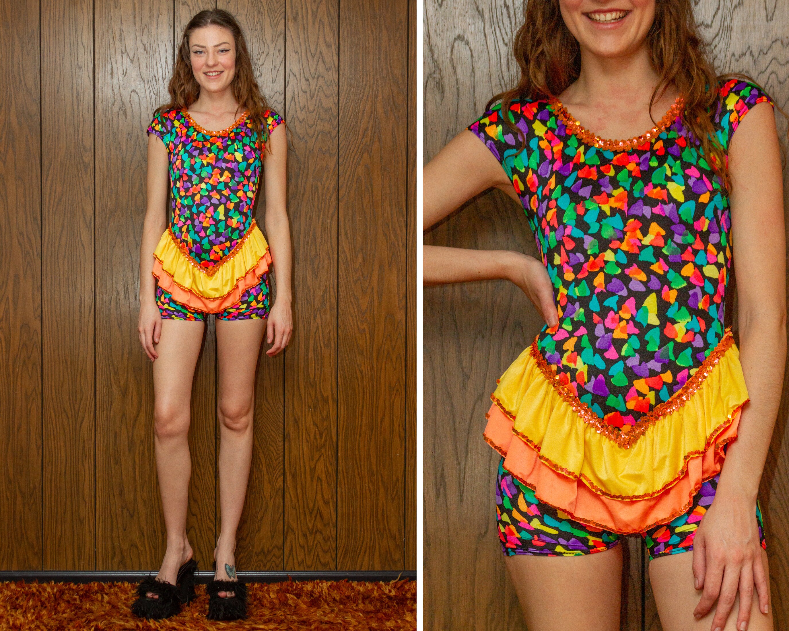 Vintage 90s Day Glow Neon Rainbow Ruffle Black Shiny Asymmetrical ...