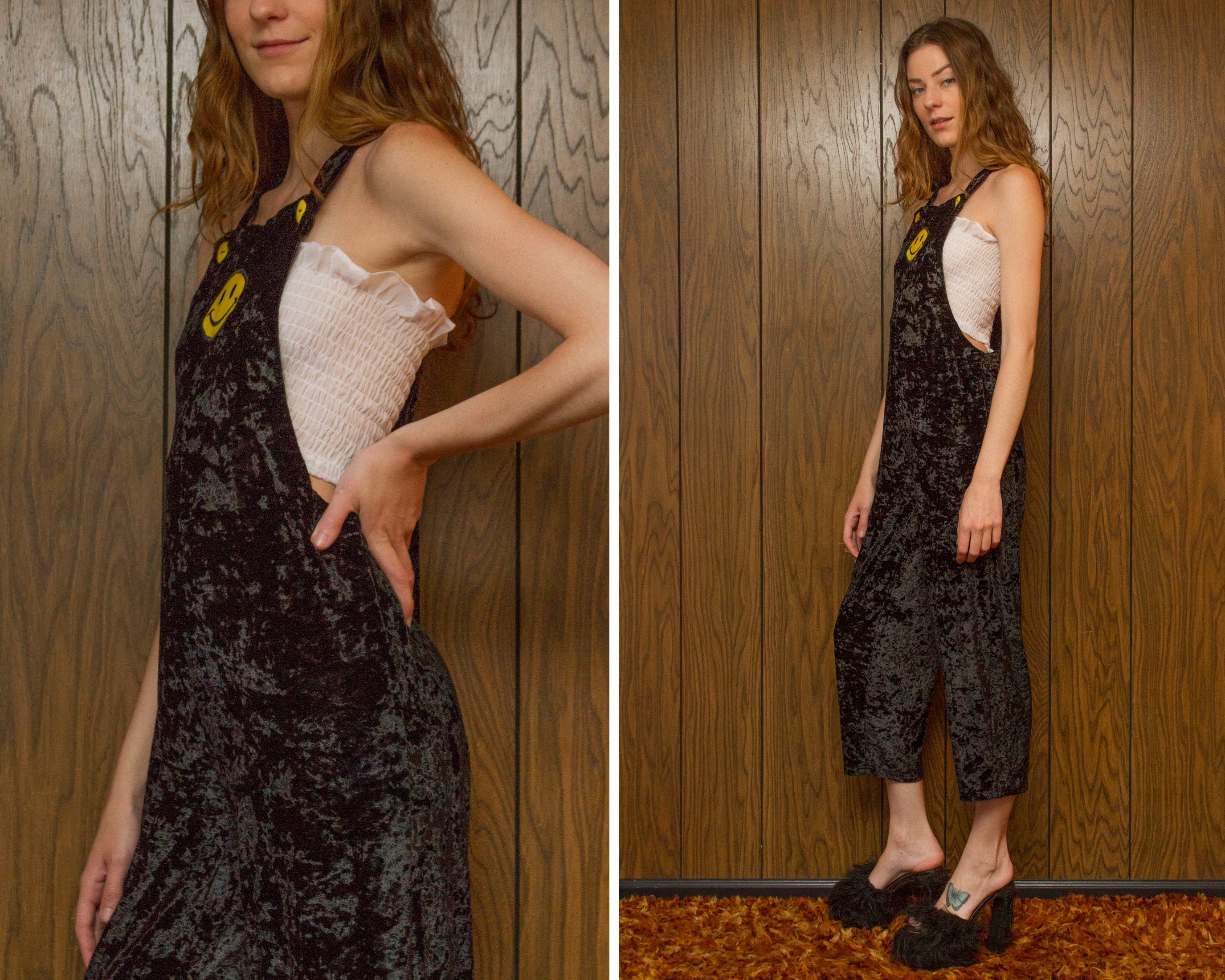 Vintage 90s Black Crushed Poly Velvet Yellow Happy Face Overall Bib ...
