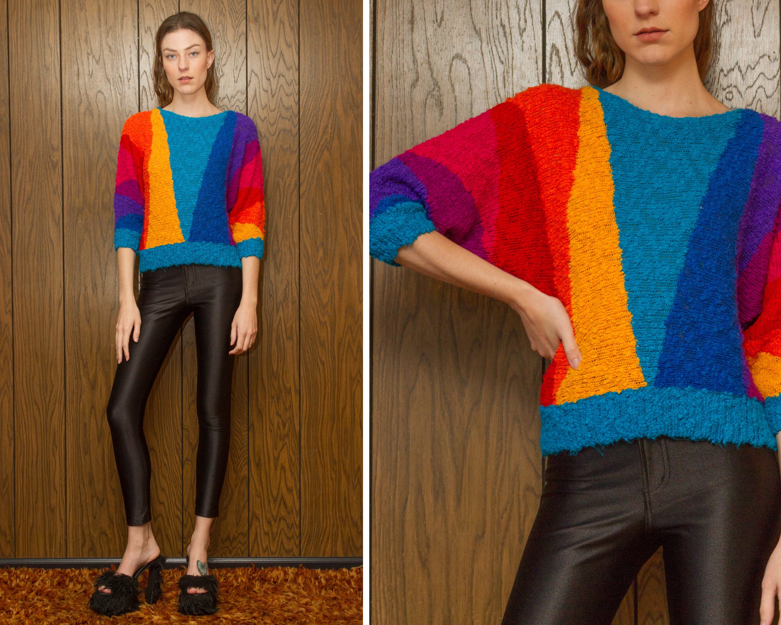 Vintage 80s Gitano Knit Textured Graphic Triangle Rainbow Striped Multi ...