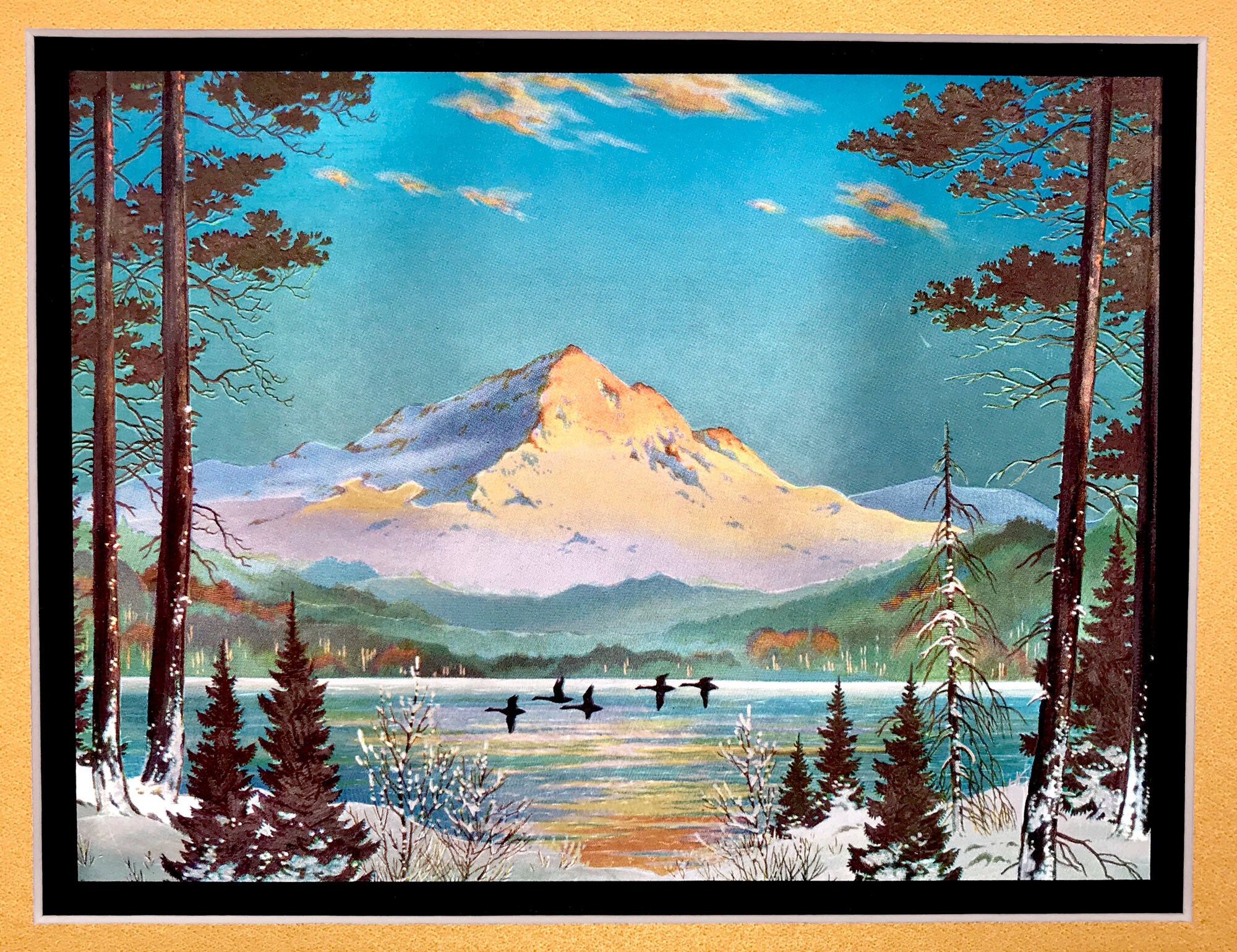 Vintage Snow Mountain Forest Northwest Landscape Foil Etching Art Print ...