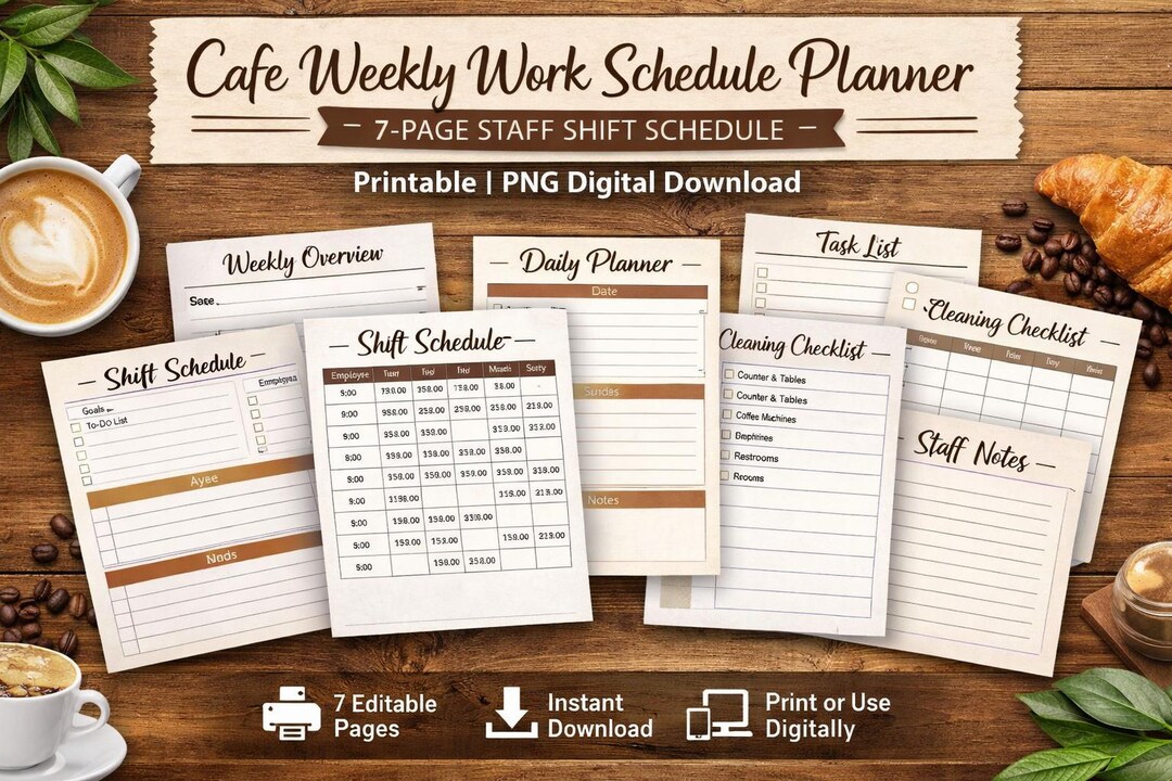 Cafe Weekly Work Schedule Planner | 7-page Staff Shift Chart (digital ...