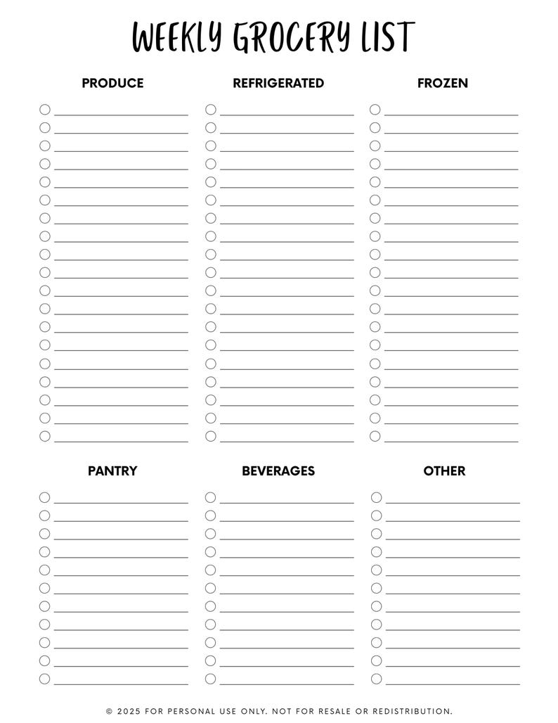 Printable Grocery List | Weekly Shopping List - Etsy