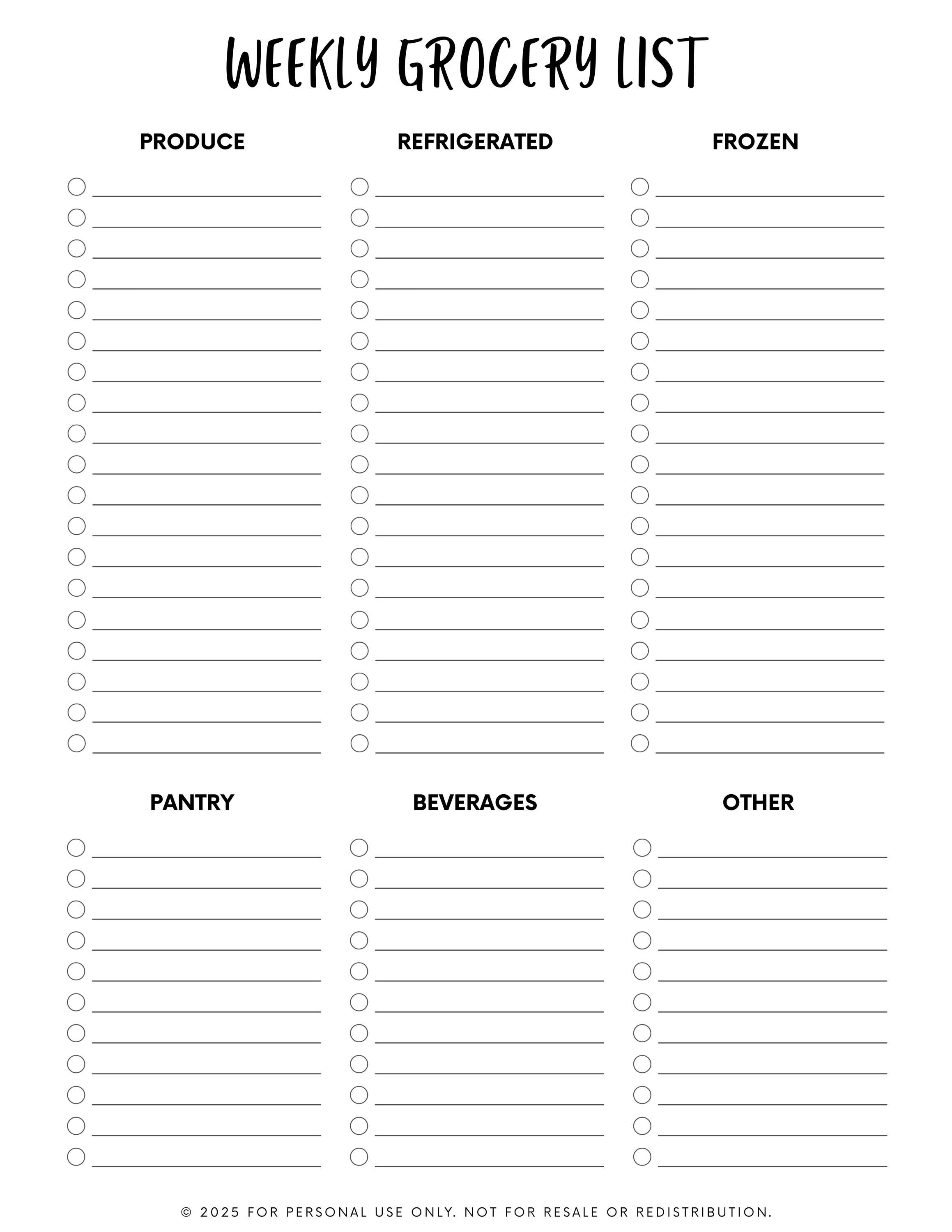 Printable Grocery List | Weekly Shopping List - Etsy