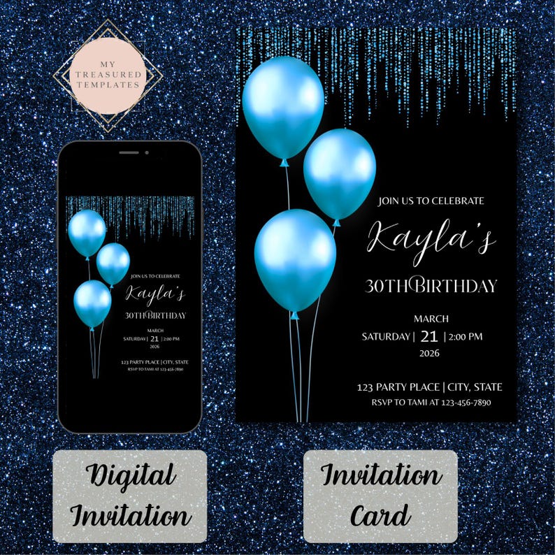 Adult Birthday Invitation, Blue Balloon Modern Party Invite, Milestone ...