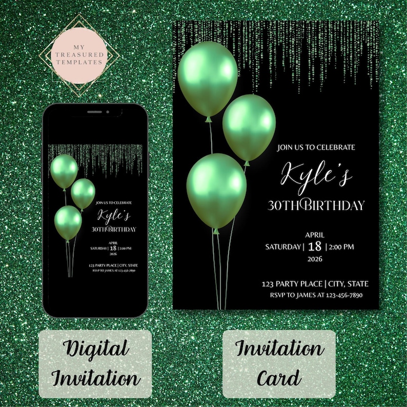 Green Adult Birthday Invitation, Balloon Milestone Black Party Invite ...