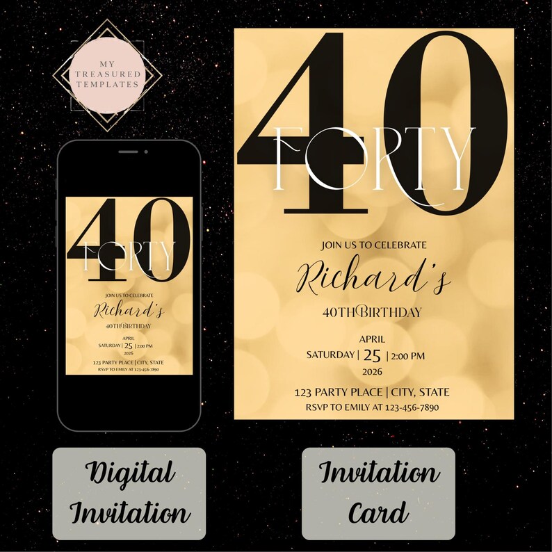 40th Birthday Milestone Gold Invitation, Editable Adult Black Elegant ...