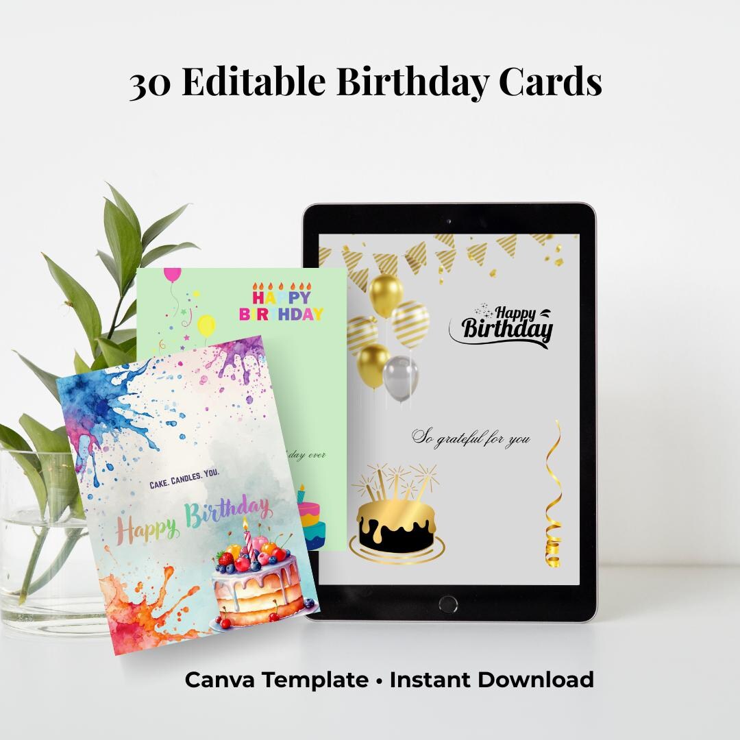 30 Editable Birthday Cards Bundle Canva Template, Printable Happy ...