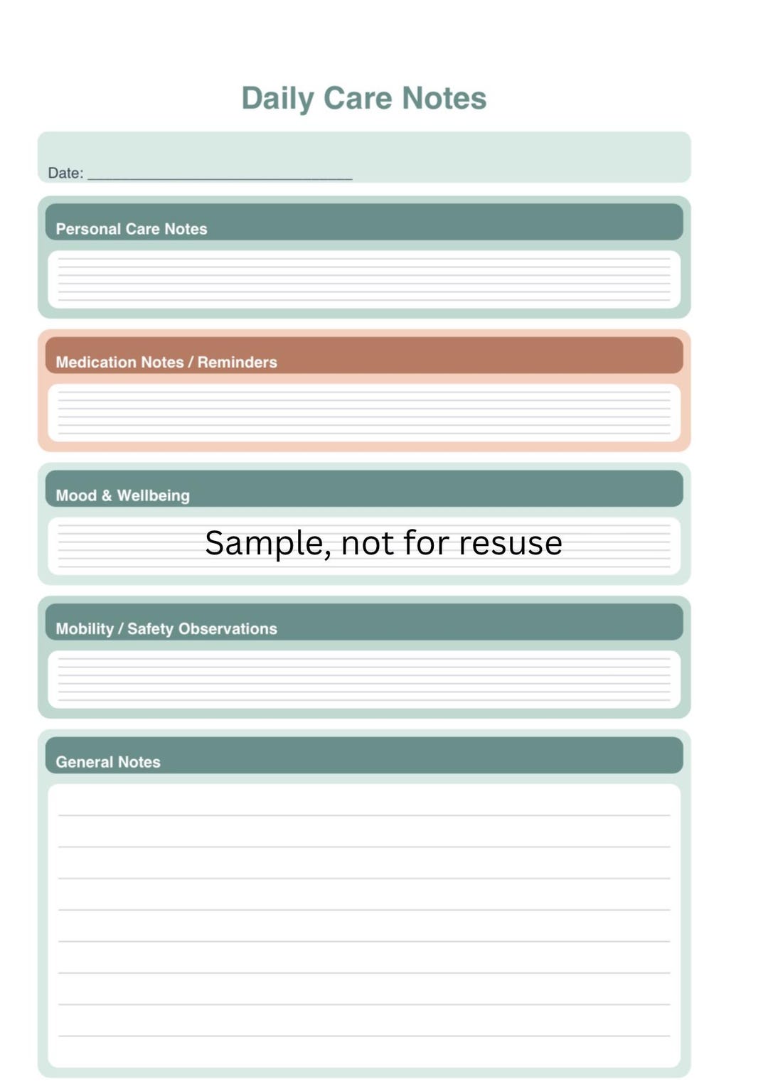 Daily Care Notes Printable,family Carer Daily Planner,digital Download ...