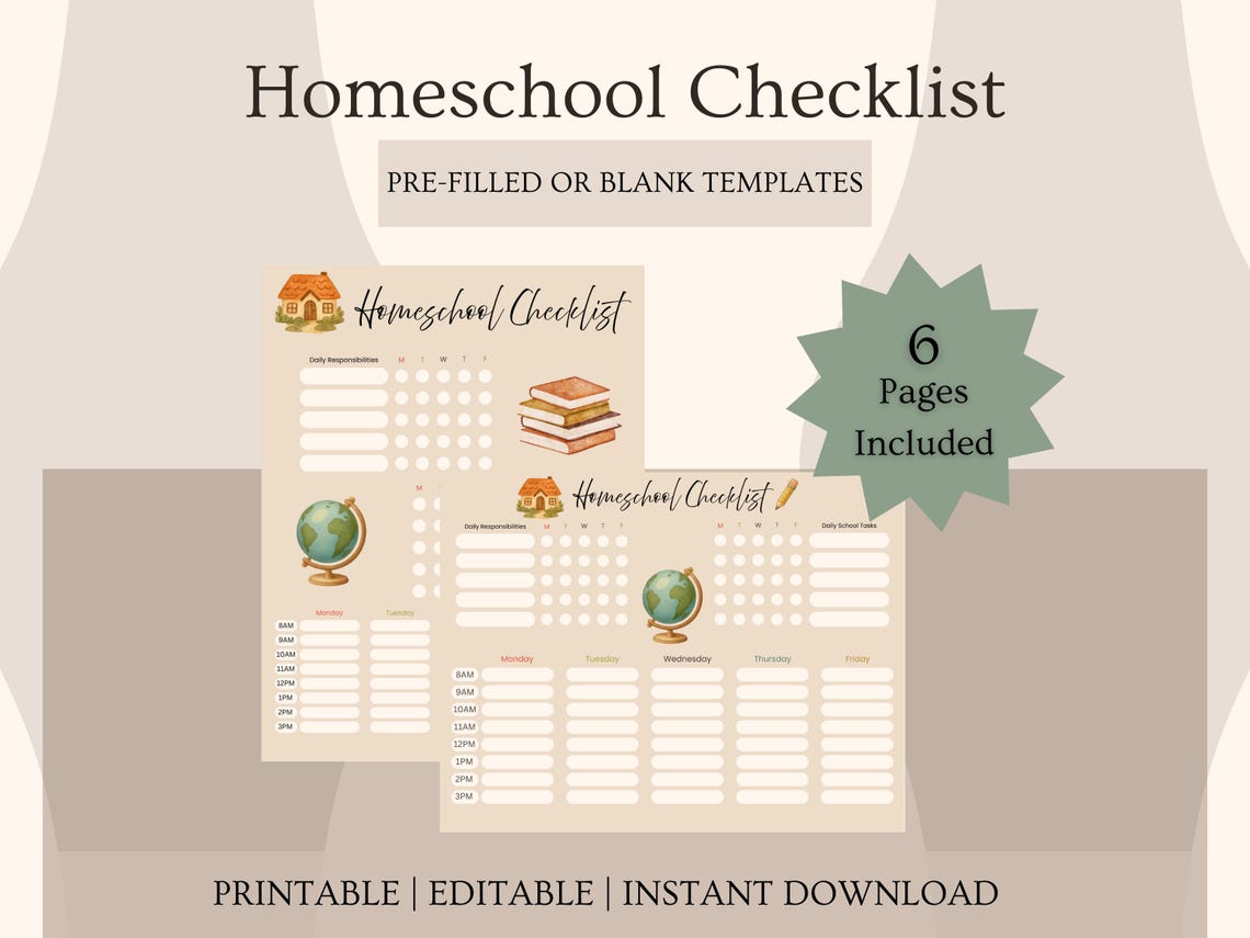 Daily Homeschooling Checklist Planner Kids Tasks & Coursework Prefilled ...