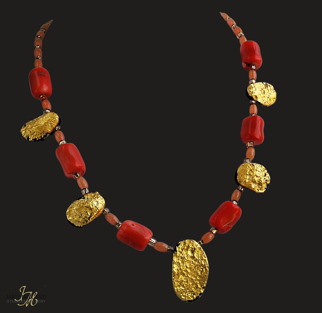 Gold Tektite and Coral Necklace, 23 Karat Gold Leaf Gilded on Tektite ...