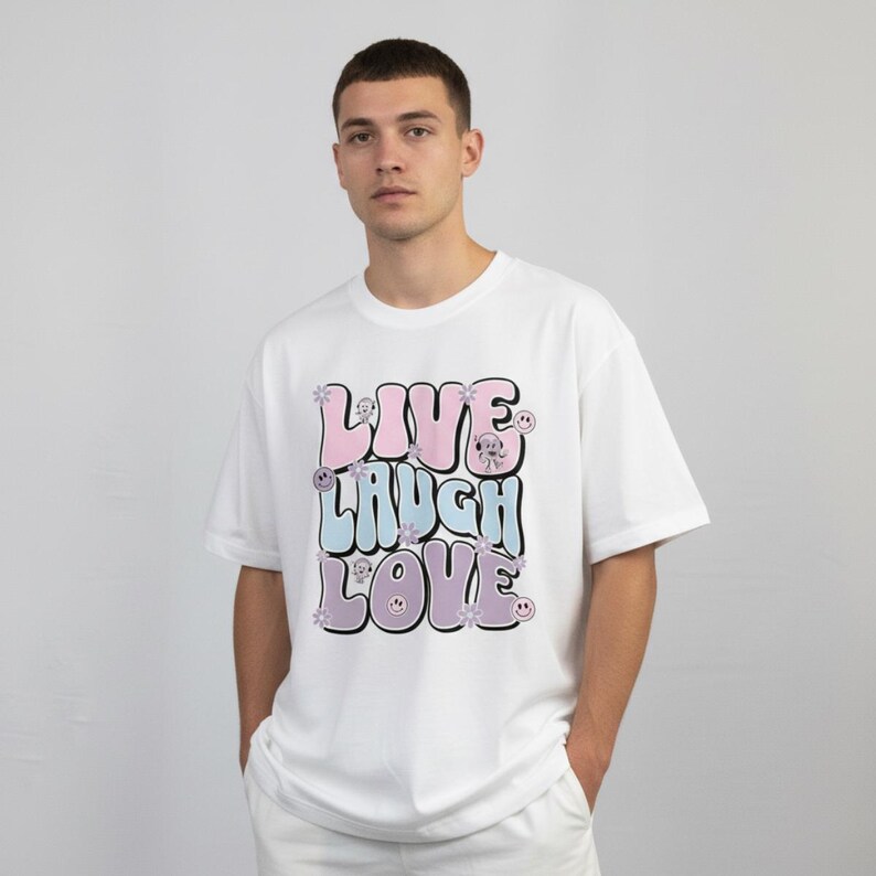 Live Laugh Love Retro Bubble Letter T-shirt | Pastel Pink Blue ...
