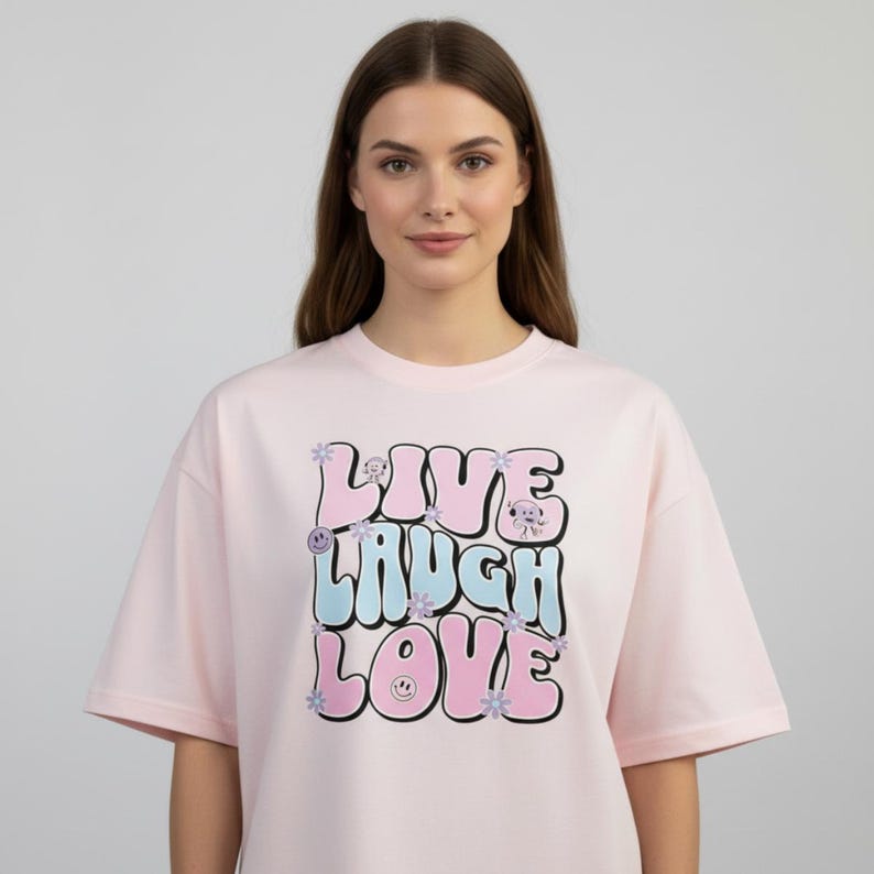 Live Laugh Love Retro Bubble Letter T-shirt | Pastel Pink Blue ...