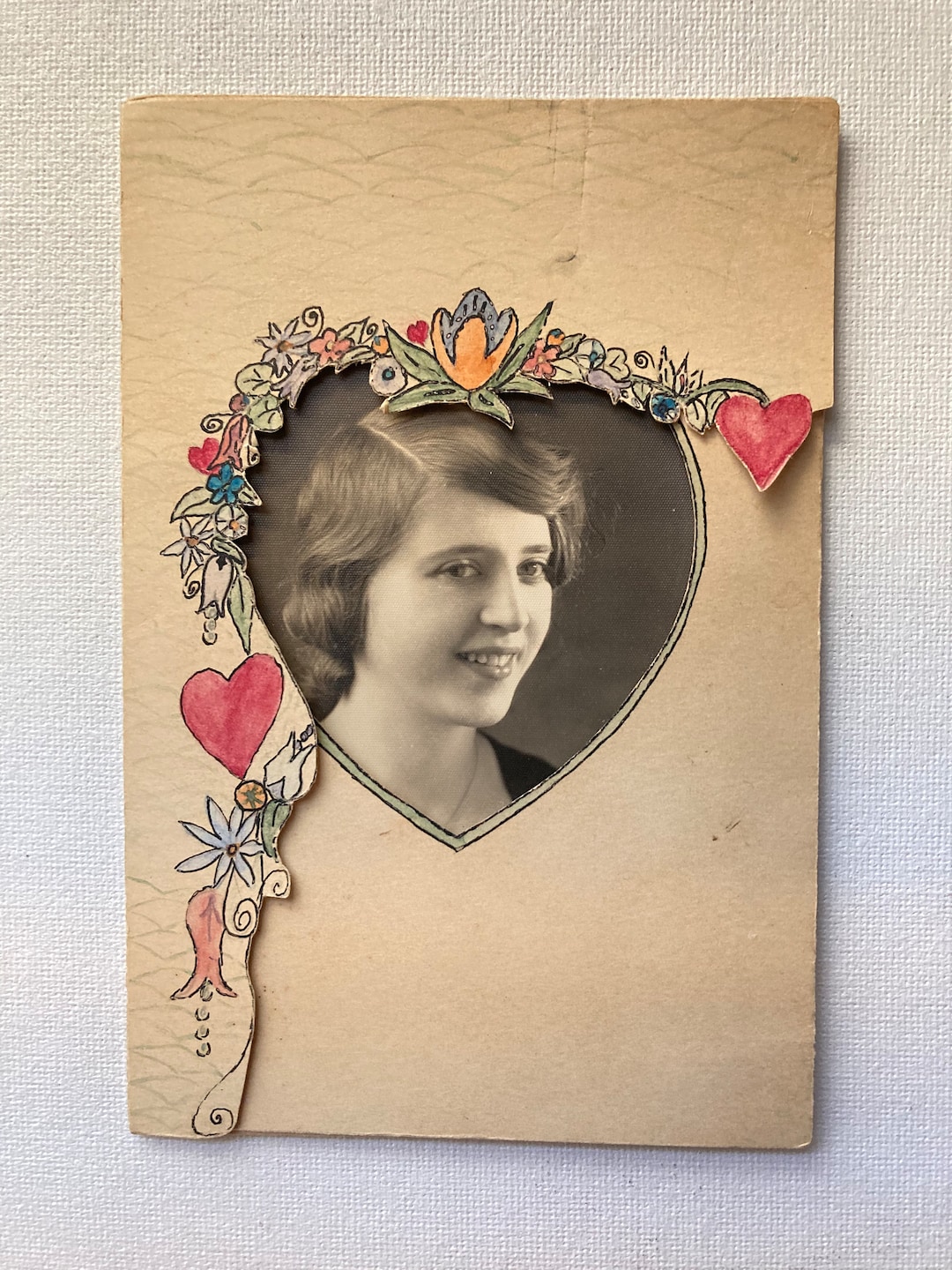 1930s Heart Sister Photo in Paper Frame Decorated With Hearts & Flowers ...
