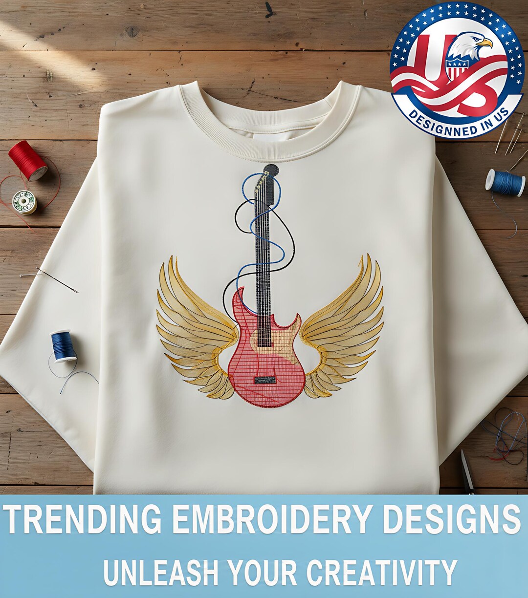 Electric Guitar Wings Embroidery Design | Rock Music Machine Embroidery ...