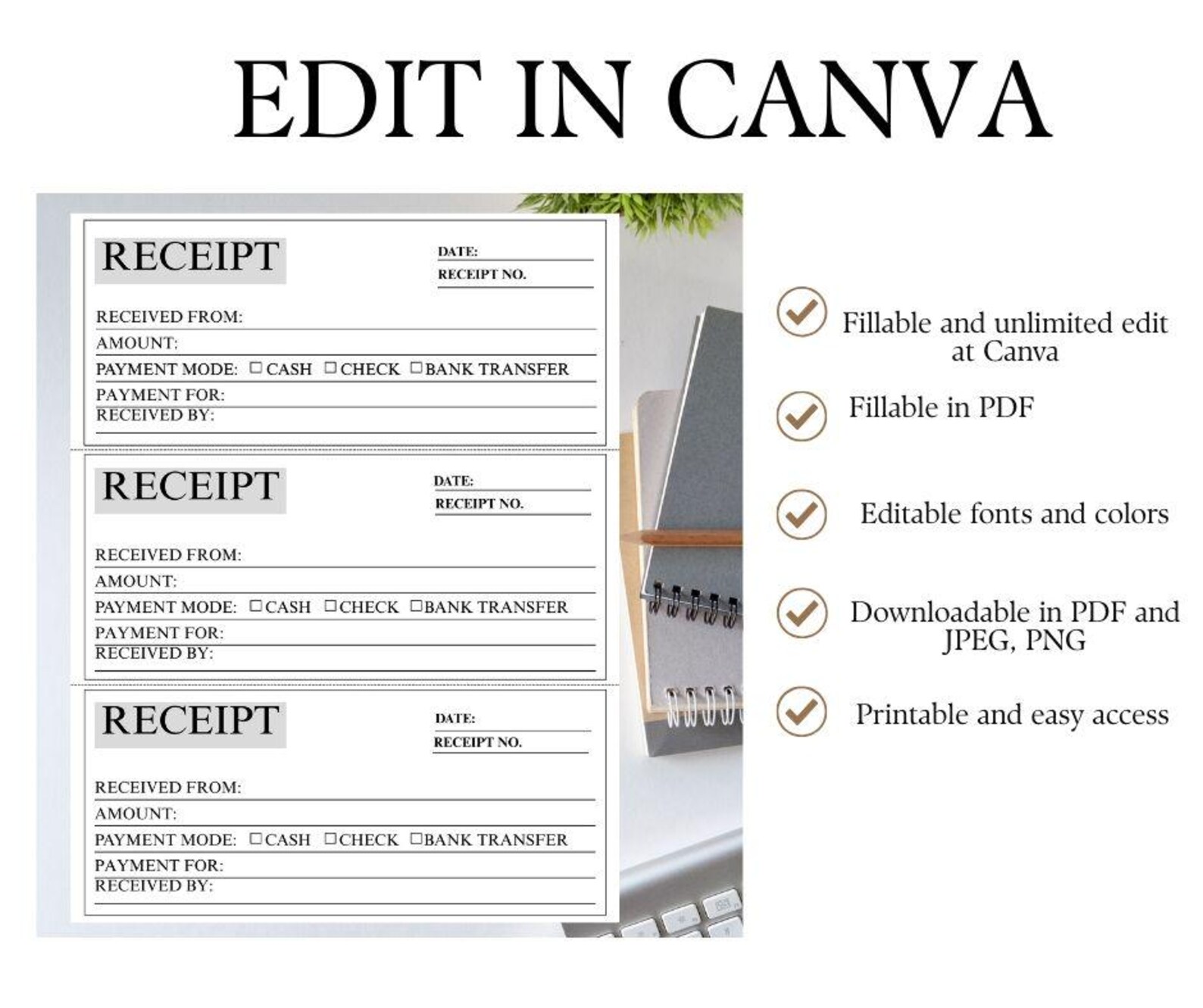 Editable Fillable Payment Receipt Template, PDF File, Canva Edit ...