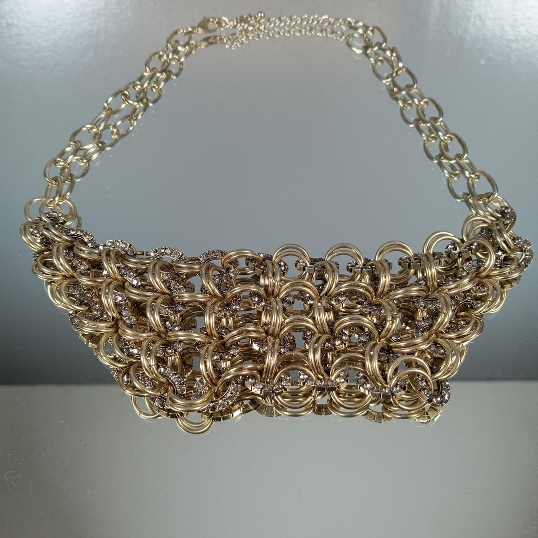 Gold Tone Chainmail Necklace Rhinestone Statement Collar Choker Bib - Etsy