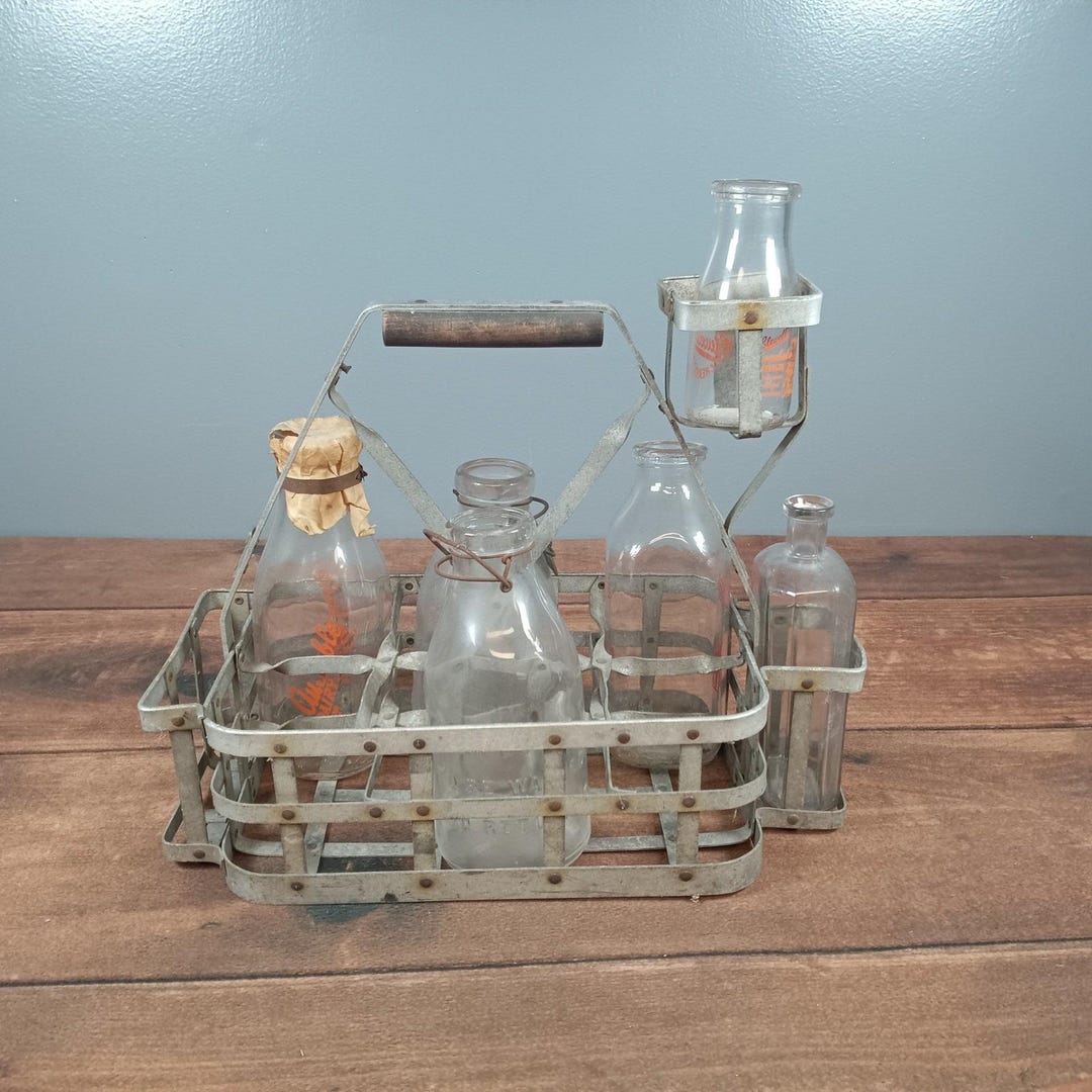 Vintage Metal Milk Bottle Carrier Caddy With 5 Glass Bottles Rustic ...