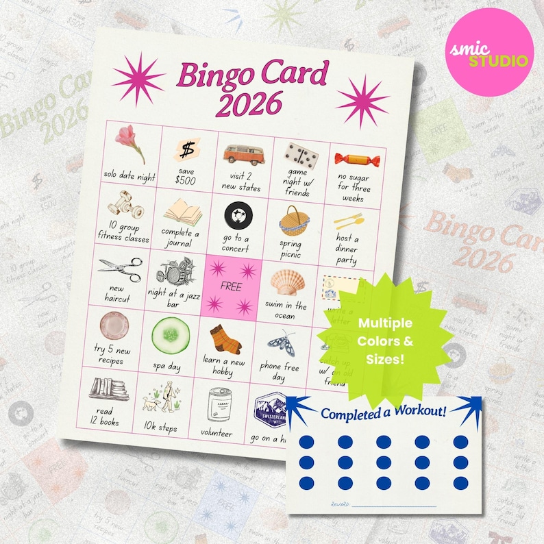 2026 Printable Bingo Card + Habit Punch Cards Bundle, Canva Editable ...