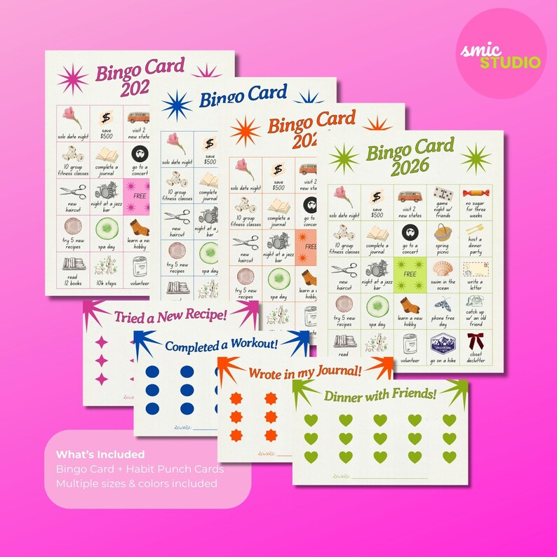 2026 Printable Bingo Card + Habit Punch Cards Bundle, Canva Editable ...