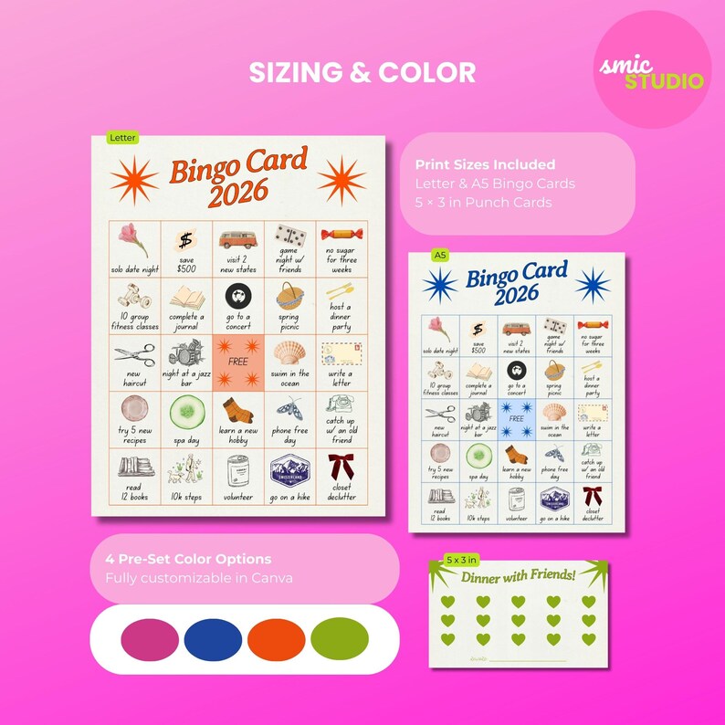 2026 Printable Bingo Card + Habit Punch Cards Bundle, Canva Editable ...
