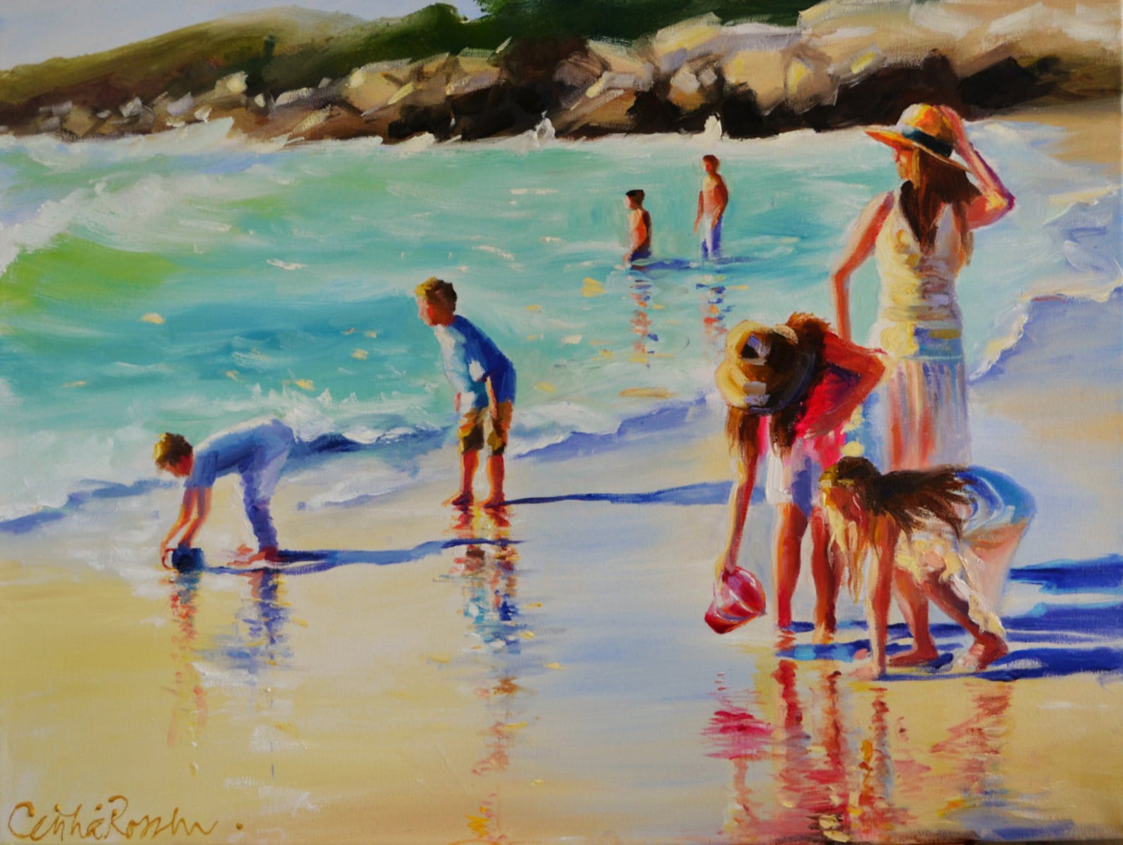 Kids on Beach Art Print: Summer Seascape in Pastel Colors (16x20) - Etsy