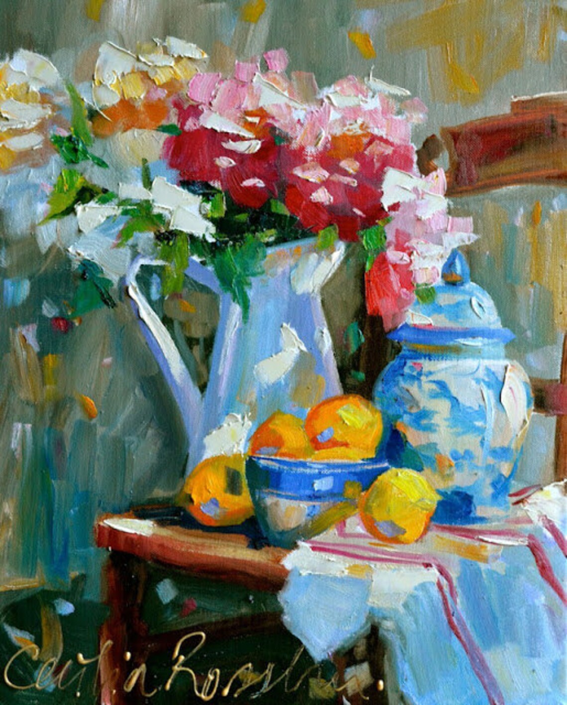 FRENCH STILL LIFE Art Print of Original Oil Painting, Pitcher, Peonies ...