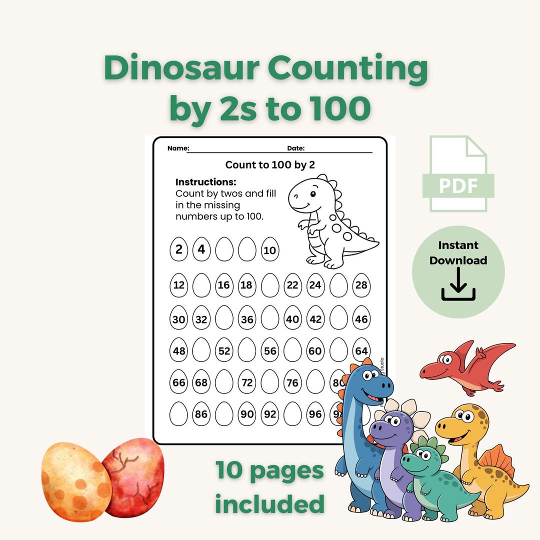 Dinosaur Counting by 2s to 100 | Skip Counting Worksheets - Etsy