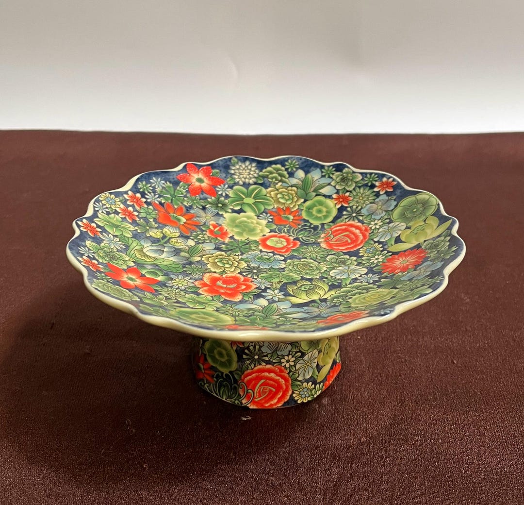 Retro Hand-painted Enamel Pedestal Bowl — Vibrant High-foot Ceramic ...
