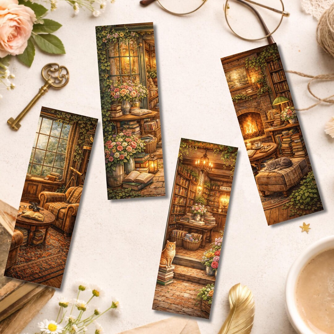 Vintage Library Bookmark Set | Cozy Reading Nook Illustration ...
