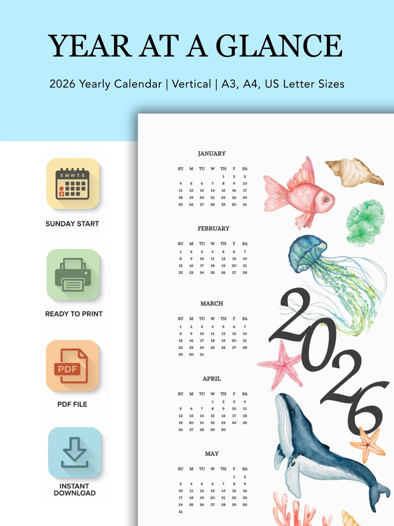 2026 Marine Life Calendar – Watercolor Ocean Animals Year-at-a-glance ...