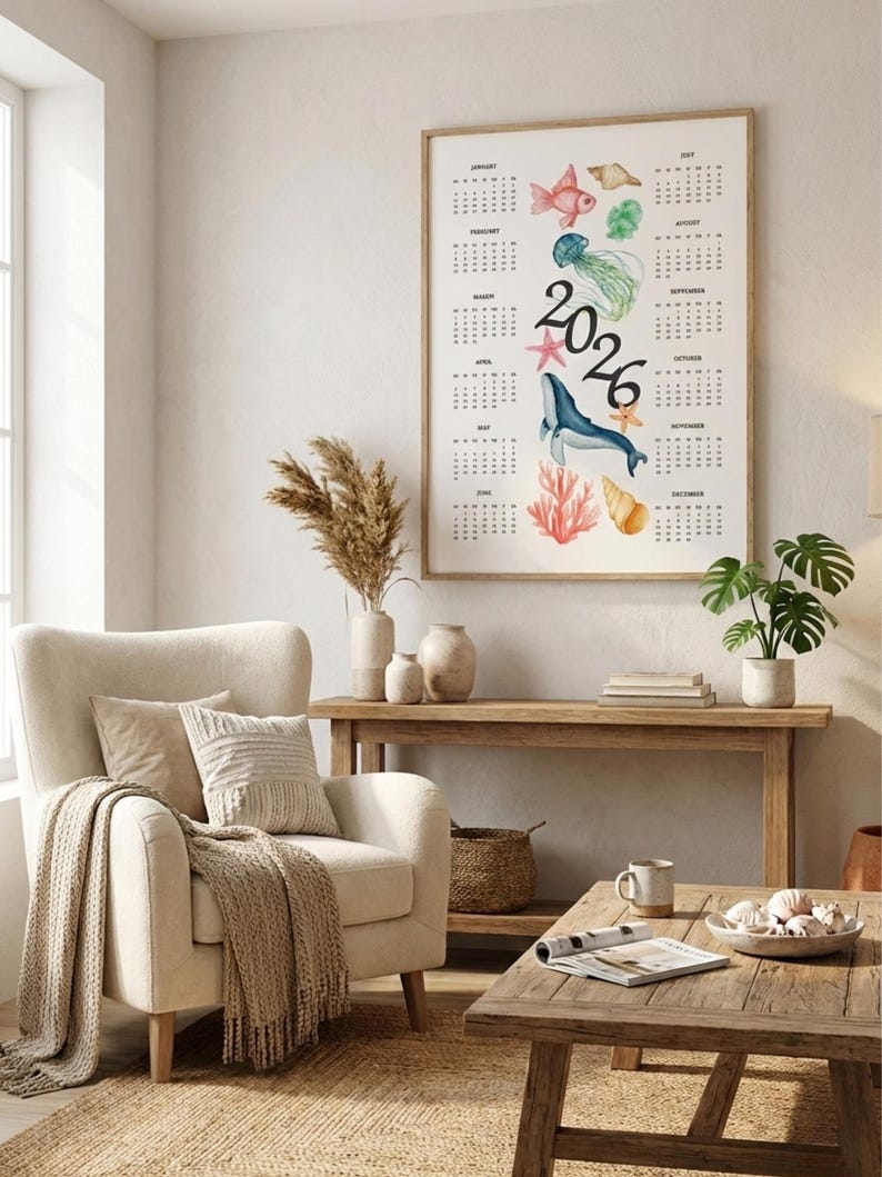 Marine Life 2026 Year at a Glance Calendar | Watercolor Sea Creatures ...