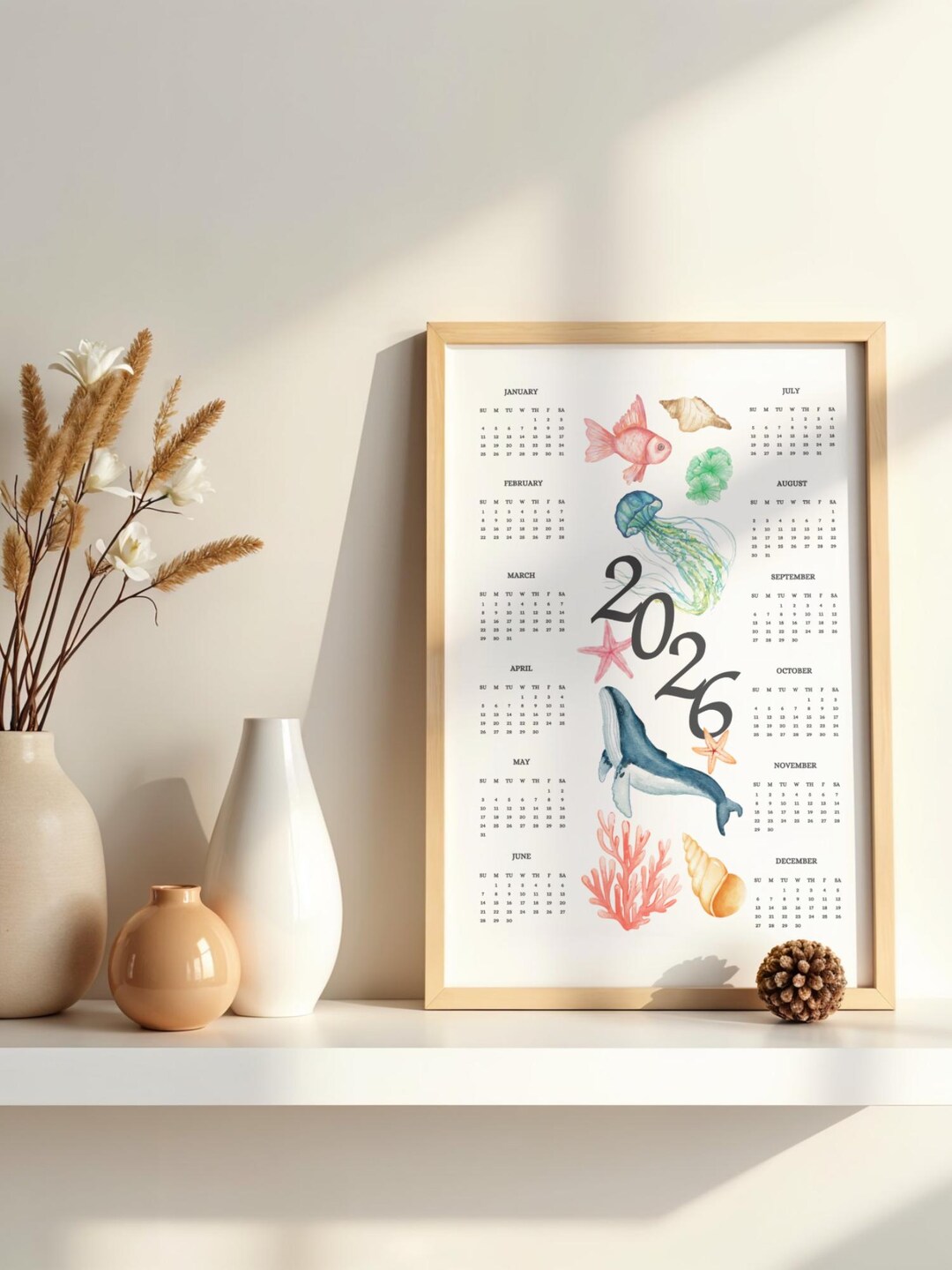 2026 Marine Life Calendar – Watercolor Ocean Animals Year-at-a-glance ...
