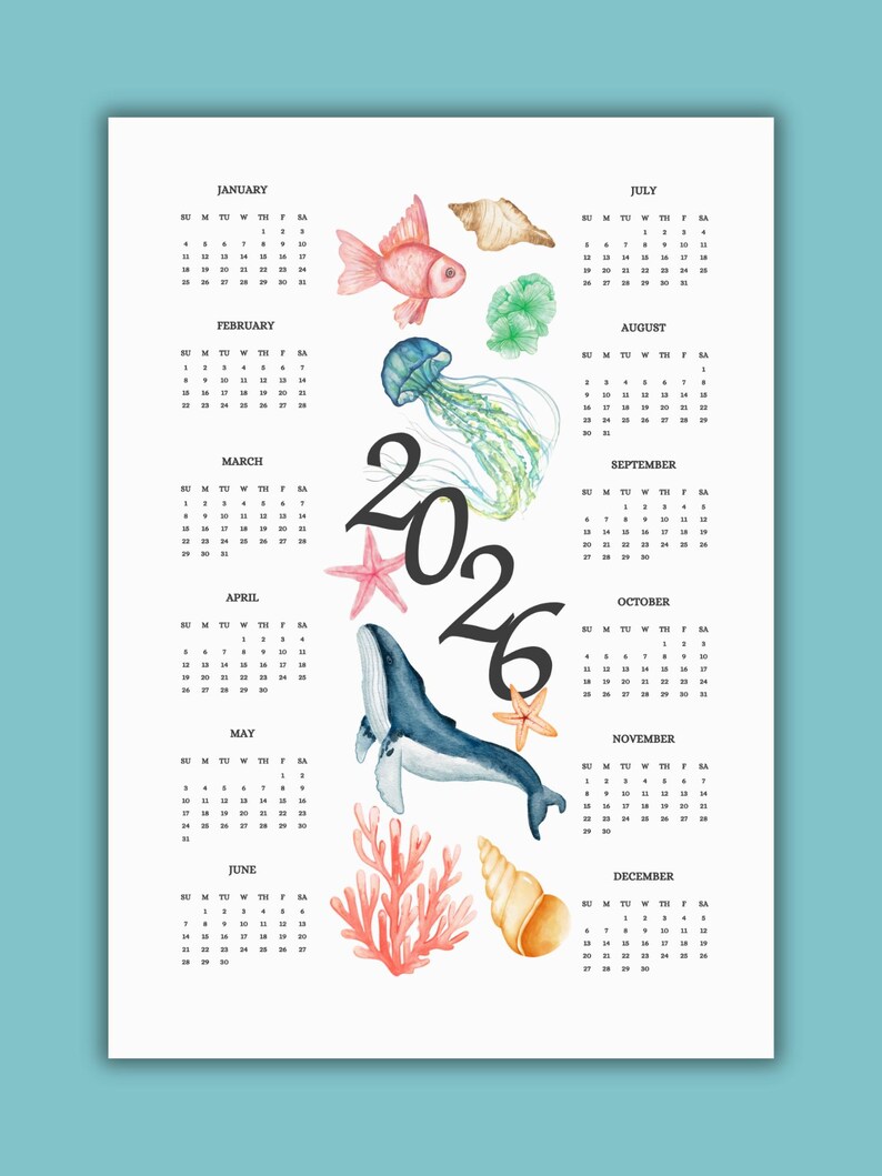 Marine Life 2026 Printable Calendar - Ocean Animal Year-at-a-glance ...