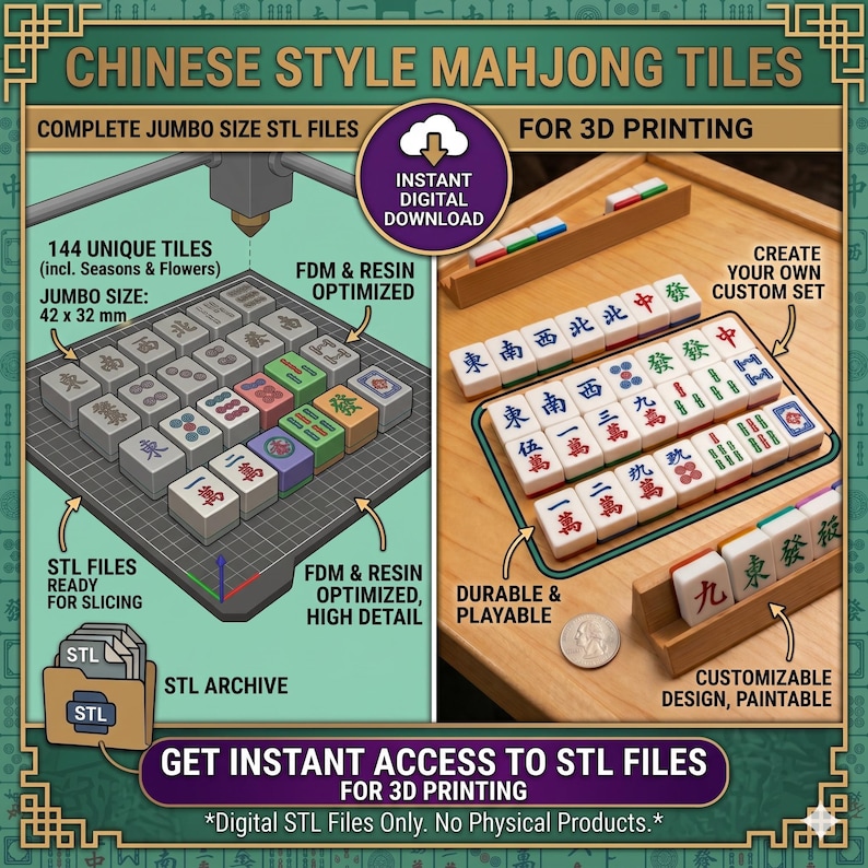 Chinese Mahjong Tiles STL Files, Jumbo Size, 144-tile Set, Digital ...